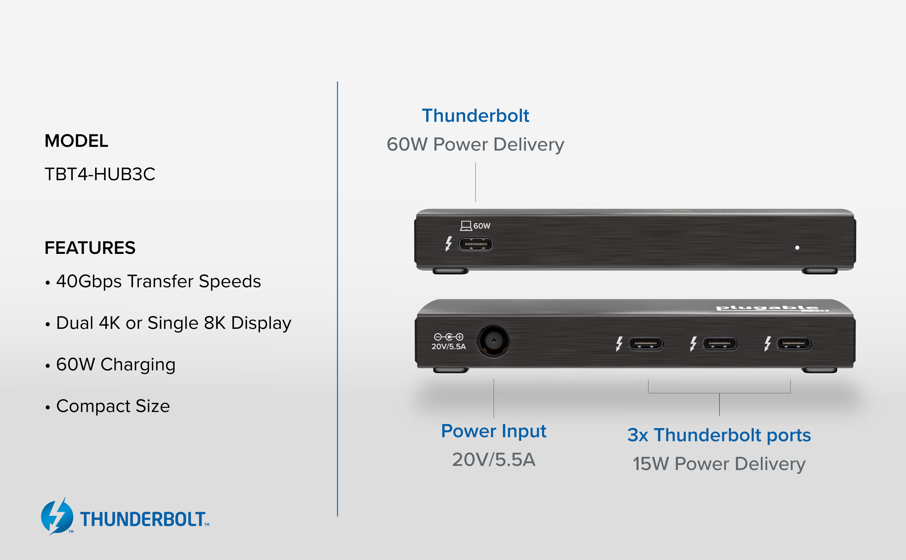 Plugable Thunderbolt 4 Hub, 4 TBT4 Ports, Single 8K / Dual 4K Displays, 60W