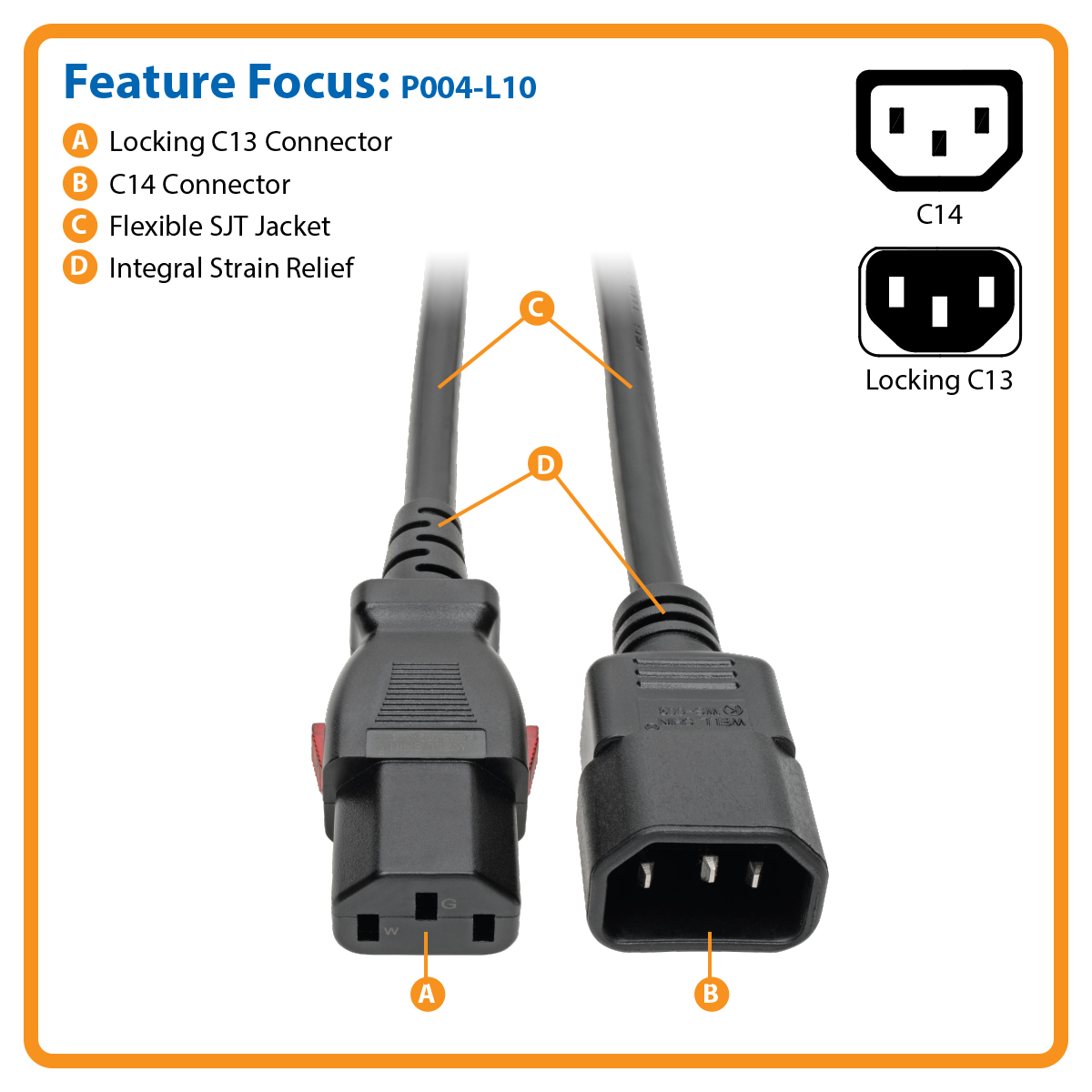 Tripp Lite C14 Male to C13 Female Power Cable, C13 to C14 PDU-Style, Locking C13 Connector, 10A ...