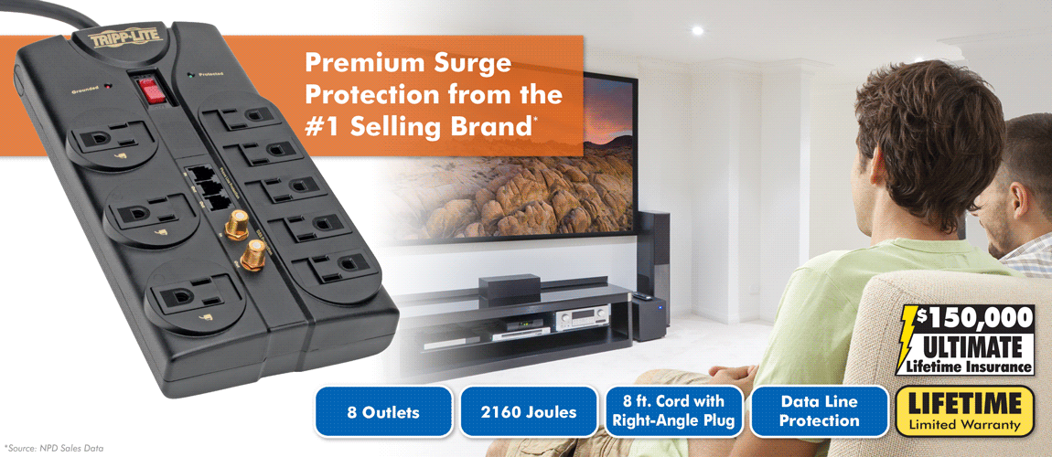 Tripp Lite Surge Protector Power Strip 120V 8 Outlet RJ11 Coax 8' Cord ...