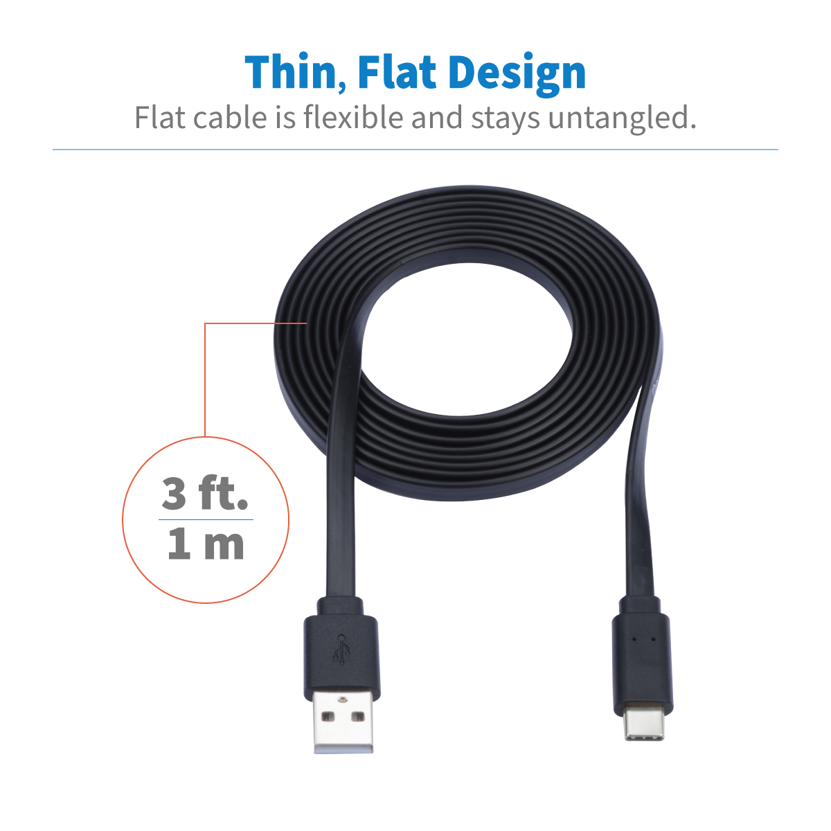 Tripp Lite USB-A to USB C Cable Flat USB 2.0 M/M Thunderbolt 3 Black ...