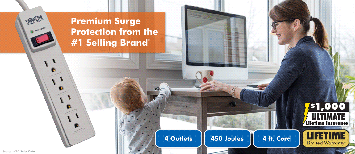 Tripp Lite Surge Protector Power Strip 120V 4 Outlet 4' Cord 450 Joule ...