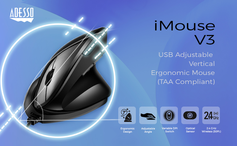 Adesso iMouse V3 - vertical mouse - adjustable - USB - TAA Compliant
