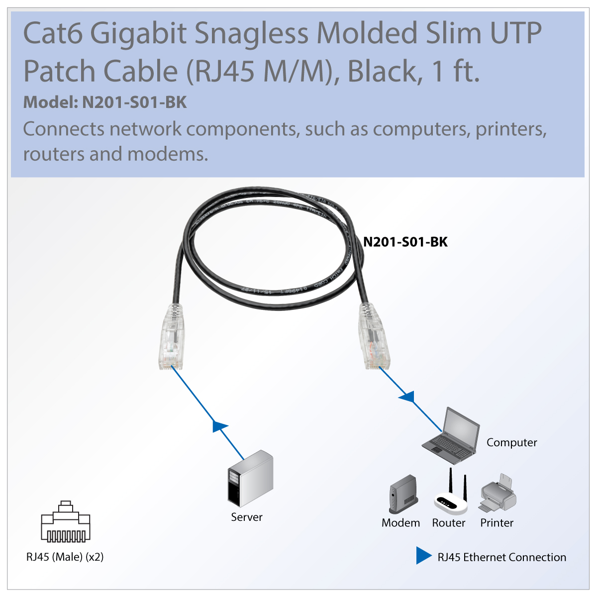 Tripp Lite Cat6 UTP Patch Cable (RJ45) - M/M, Gigabit, Snagless, Molded, Slim, Black, 1 ft ...